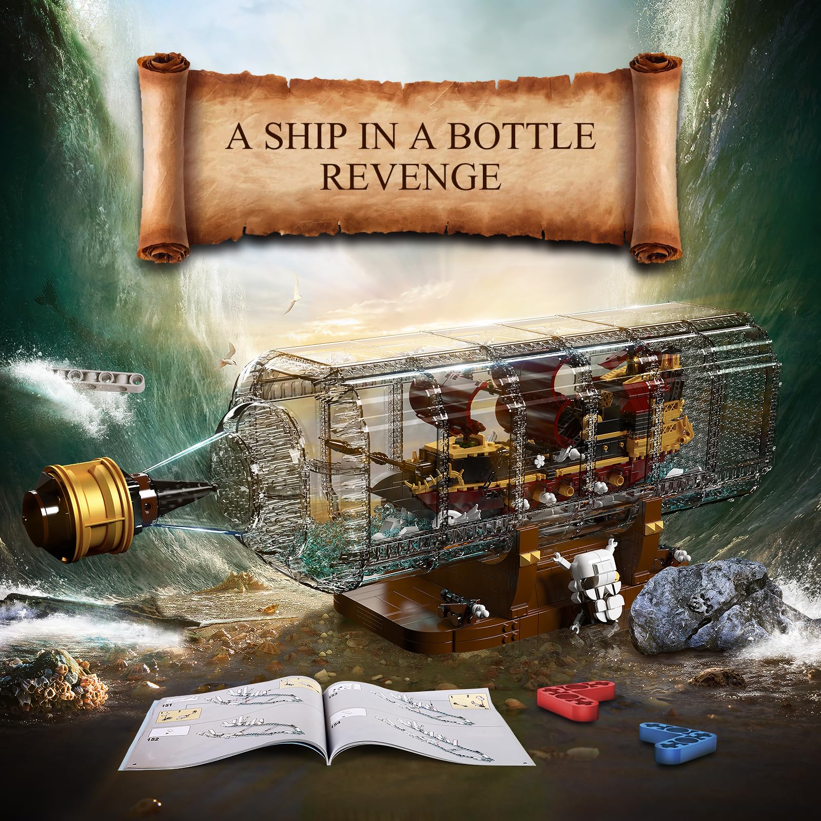 Mould King 10066 One Piece Ship in a Bottle Building Blocks Kits, MOC Queen Anne's Revenge Pirate Ship Model Building Sets, Gift for Kids Age 8+/Adults Collections Enthusiasts (2488+ Pieces)