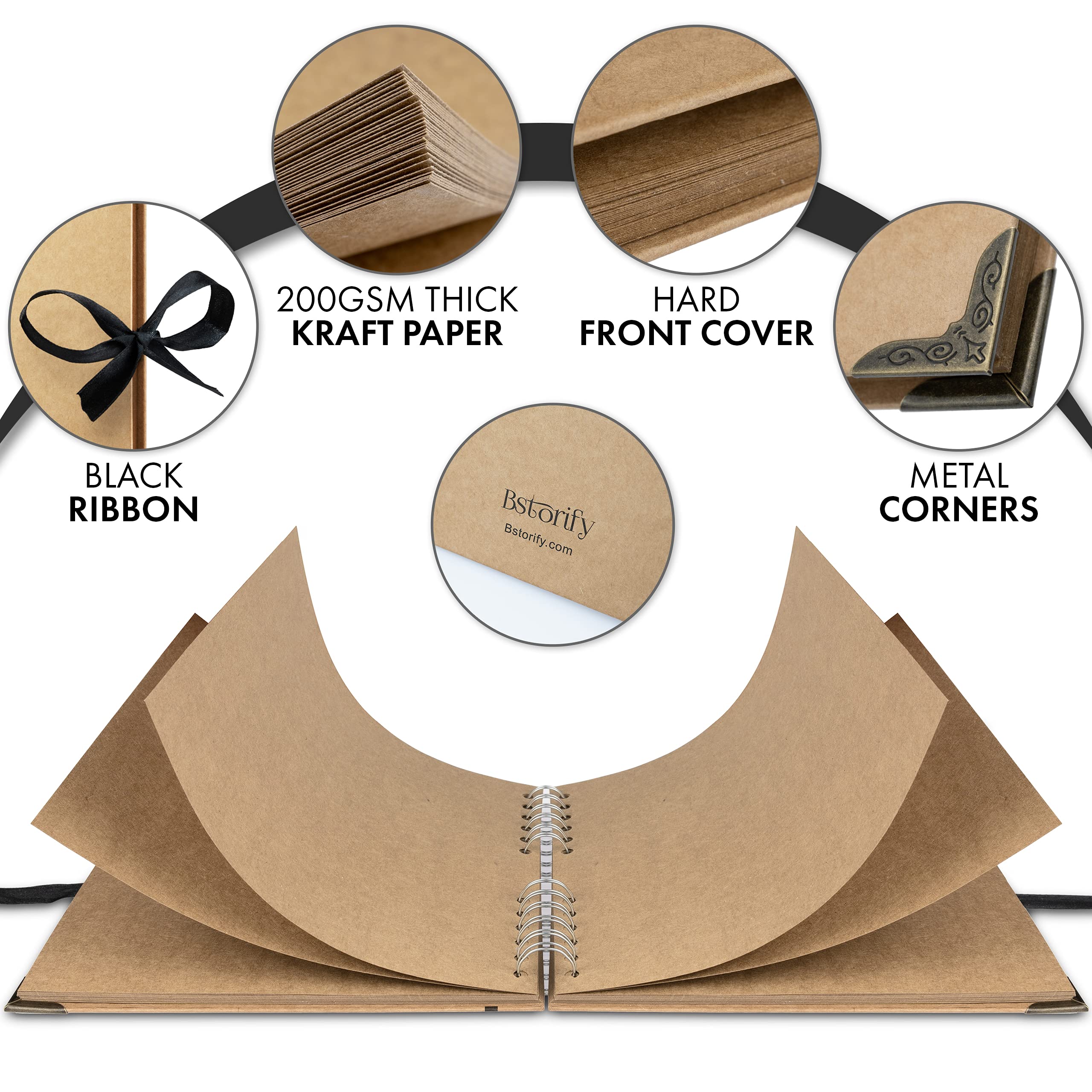Bstorify Scrapbook Album 60 Pages (8 x 8 inch) Brown Thick 200gsm Kraft Paper, Scrap Book with Corner Protectors, Ribbon Closure - Ideal for Your Scrapbooking Albums, Art & Craft Projects