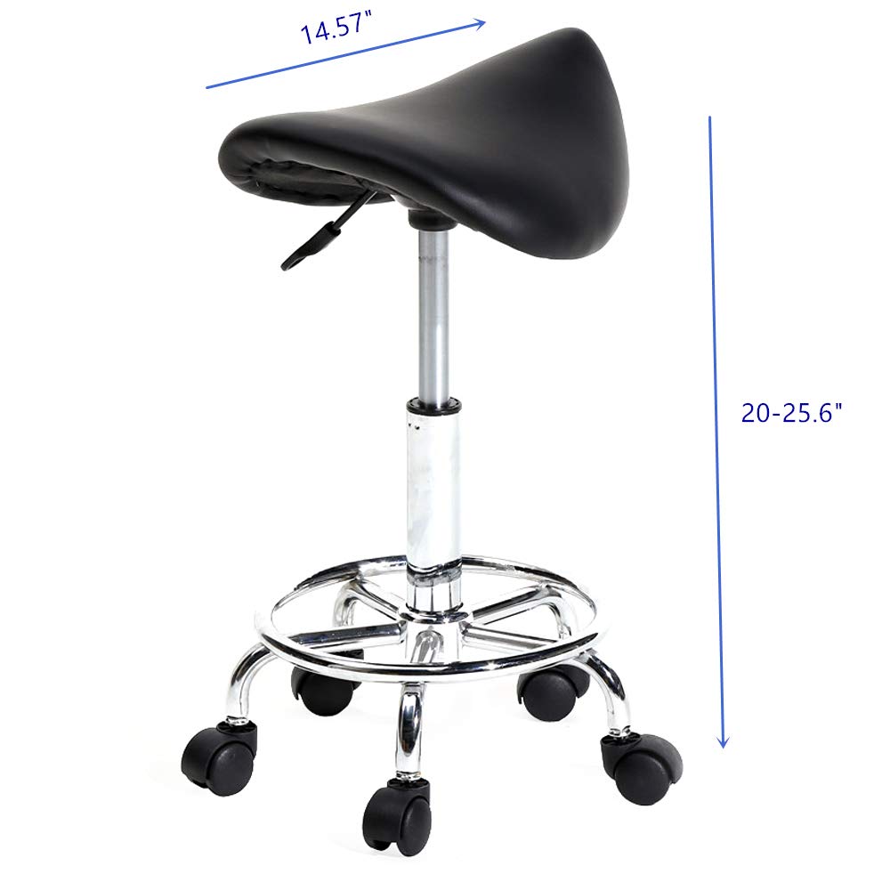 WEI WEI GLOBAL Adjustable Spa Stool, PU Leather Cushioned Salon Seat, Rolling Swivel Office Chair, Massage Barber Stool on Wheels for Drafting Tattoo Beauty Facial Spa (Saddle, Black)