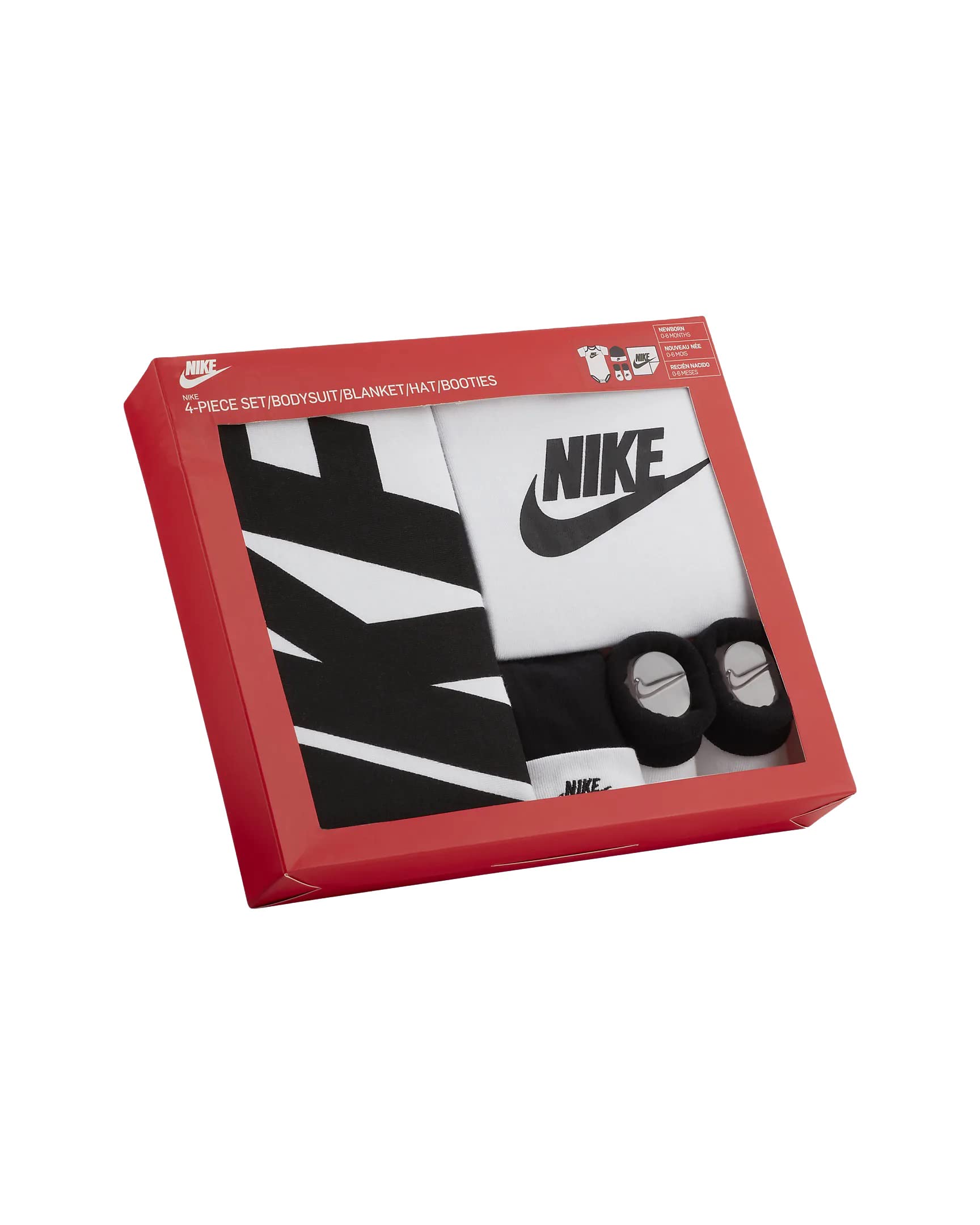 Nike Baby`s Core Future Blanket, Bodysuit, Hat And Booties 4 Piece Set (White(NN0451-001)/Black, 0-6 Months)