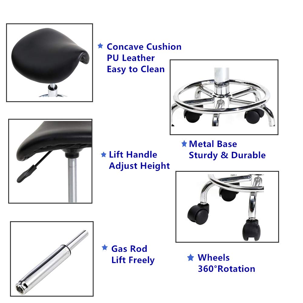 WEI WEI GLOBAL Adjustable Spa Stool, PU Leather Cushioned Salon Seat, Rolling Swivel Office Chair, Massage Barber Stool on Wheels for Drafting Tattoo Beauty Facial Spa (Saddle, Black)
