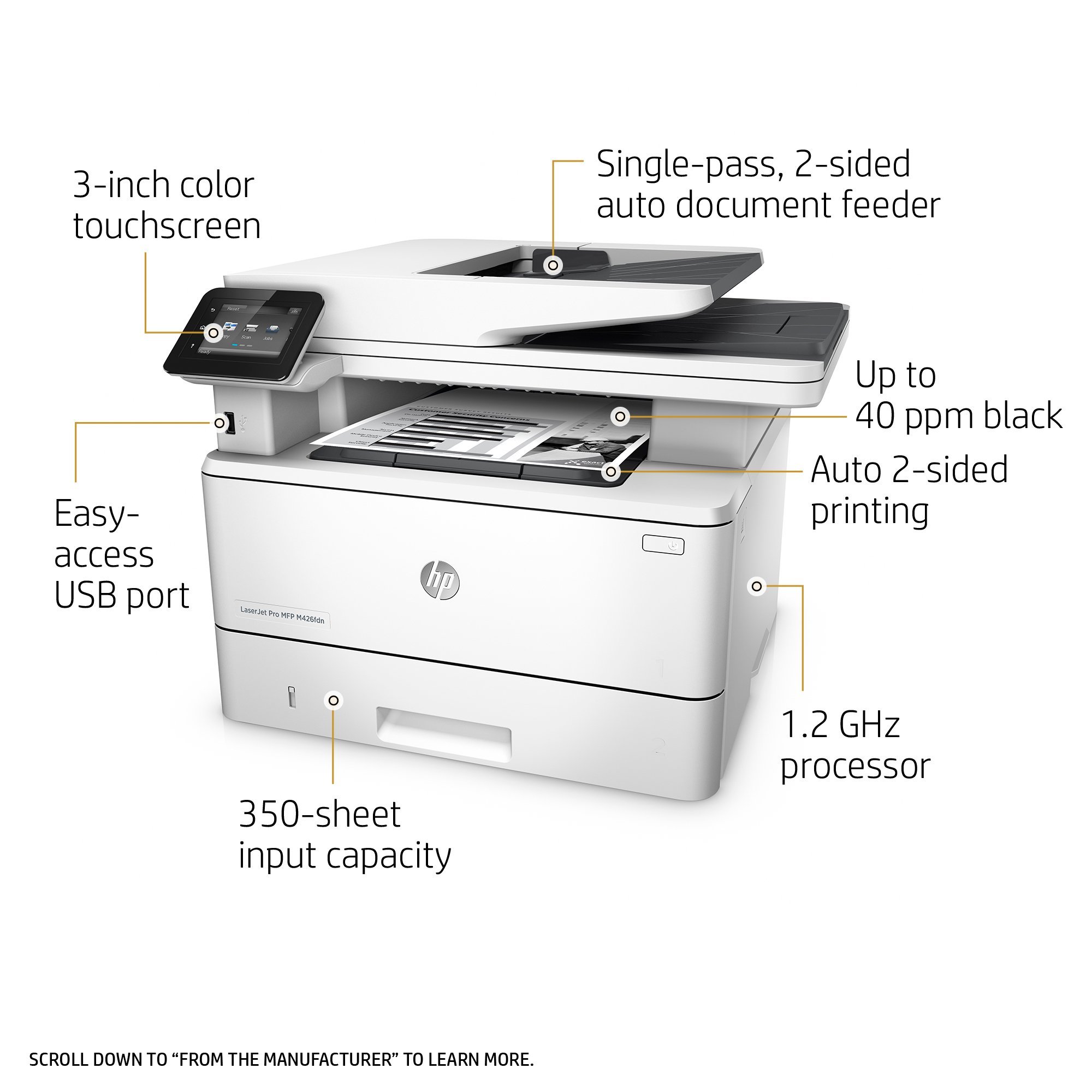 HP LaserJet Pro M426fdn Multifunction Laser Printer with Built-in Ethernet & Duplex Printing (F6W14A) (Renewed)