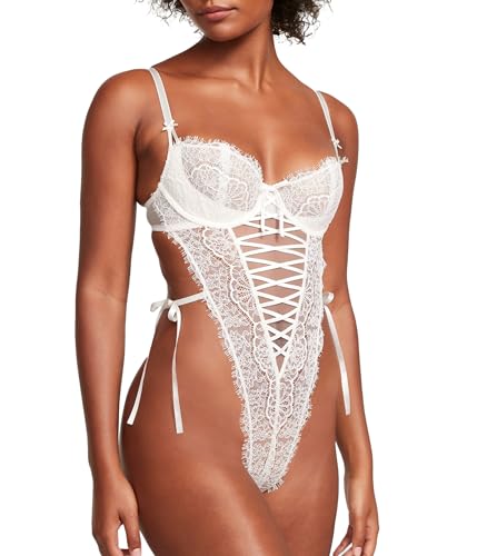 Victoria's Secret Unlined Wicked High Leg Lace Up Teddy, Sexy Lingerie, One Piece Bodysuit, White (M)