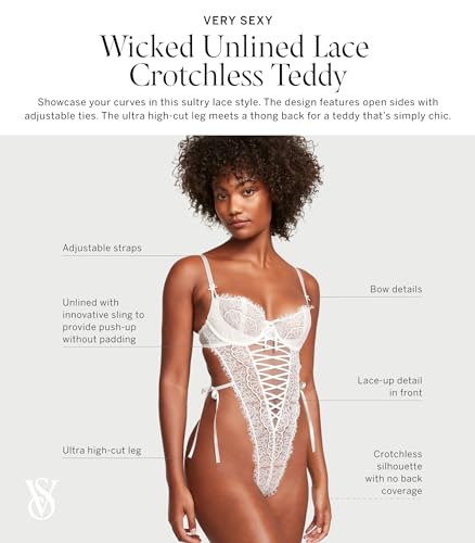 Victoria's Secret Unlined Wicked High Leg Lace Up Teddy, Sexy Lingerie, One Piece Bodysuit, White (M)