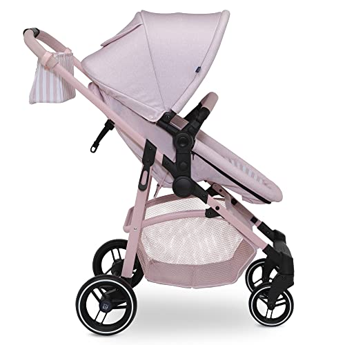 babyGap by Delta Children 2-in-1 Carriage Stroller - Greenguard Gold Certified - Car Seat Compatible, One-Handed Fold, Lightweight & Oversized Canopy - Made with Sustainable Materials, Pink Stripes