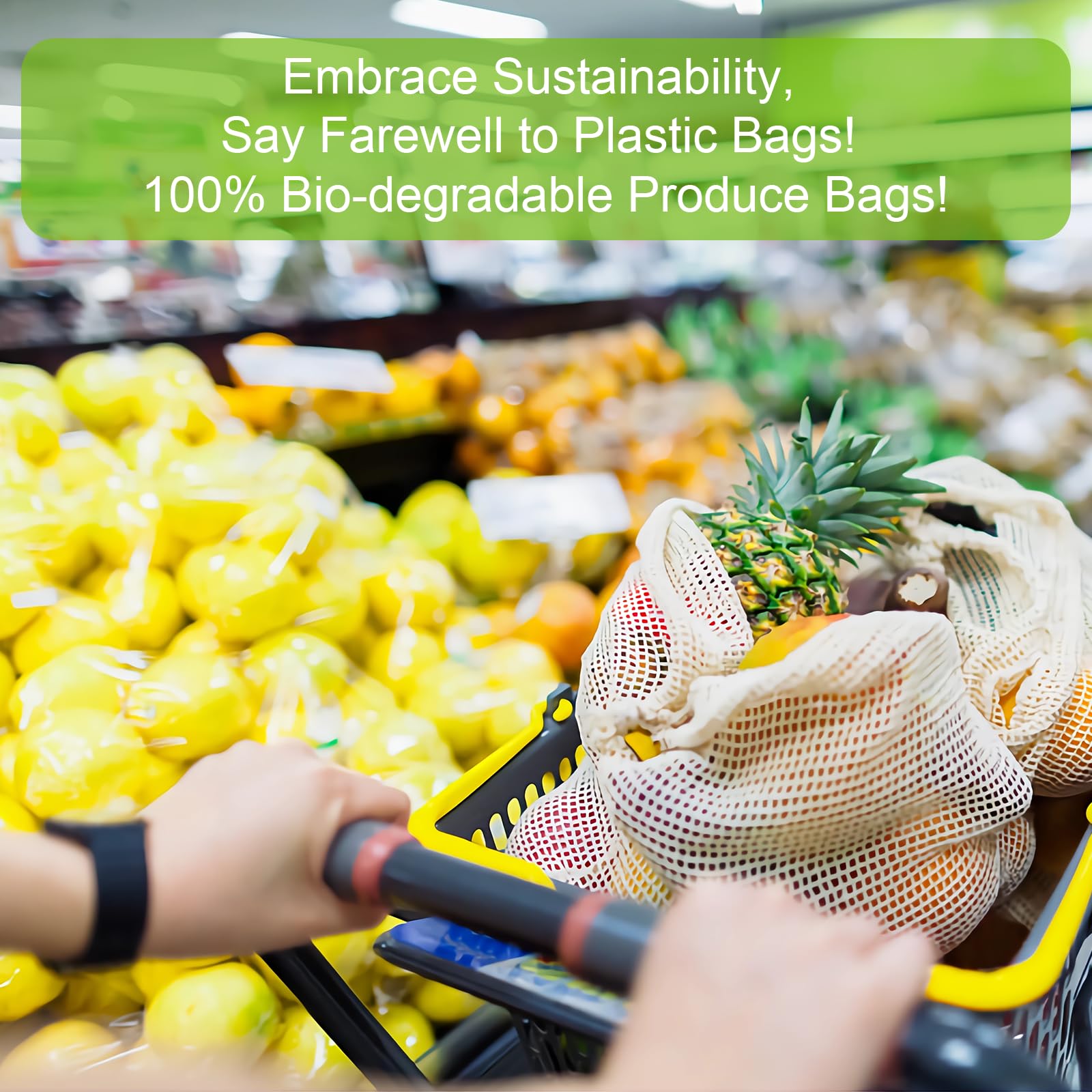 Reusable-Cotton-Mesh-Produce-shopping-Bags-Washable Eco Friendly Premium See Through Lightweight Net zero Bulk Bags for Veggie Fruit Vegetable Grocery Storage ( 9 Packs )