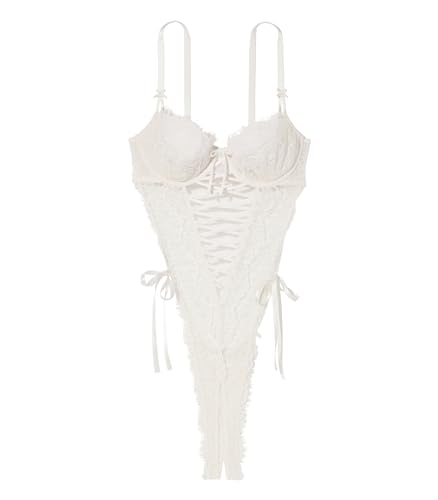 Victoria's Secret Unlined Wicked High Leg Lace Up Teddy, Sexy Lingerie, One Piece Bodysuit, White (M)