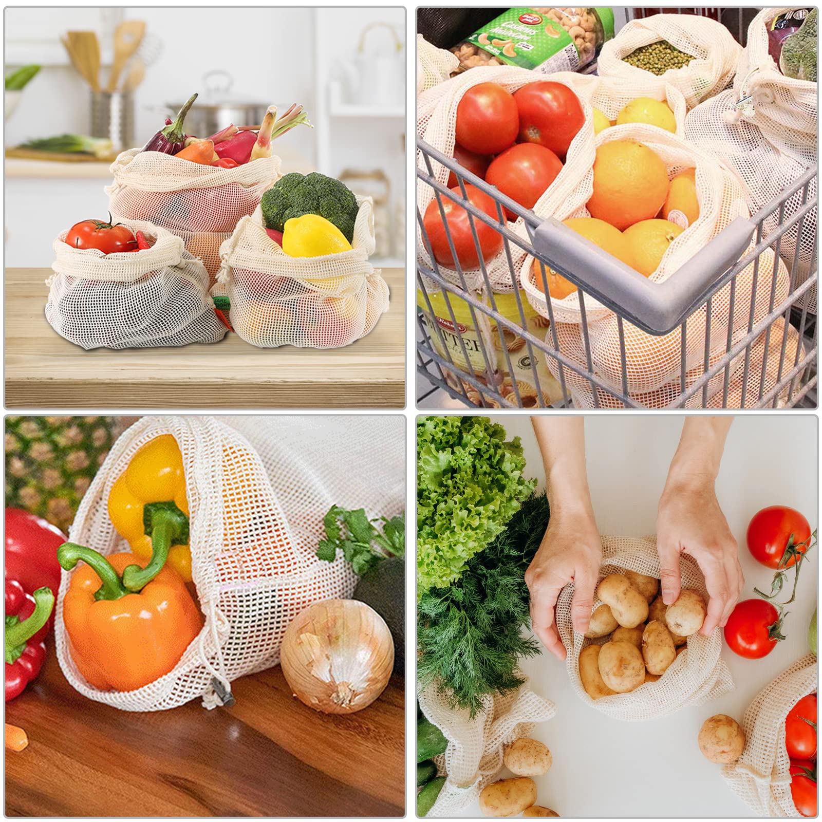 Reusable-Cotton-Mesh-Produce-shopping-Bags-Washable Eco Friendly Premium See Through Lightweight Net zero Bulk Bags for Veggie Fruit Vegetable Grocery Storage ( 9 Packs )