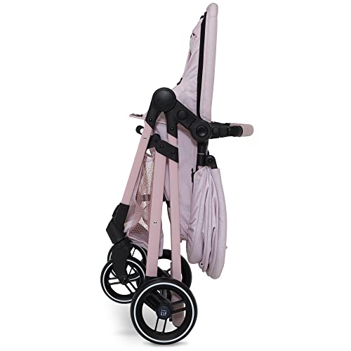 babyGap by Delta Children 2-in-1 Carriage Stroller - Greenguard Gold Certified - Car Seat Compatible, One-Handed Fold, Lightweight & Oversized Canopy - Made with Sustainable Materials, Pink Stripes