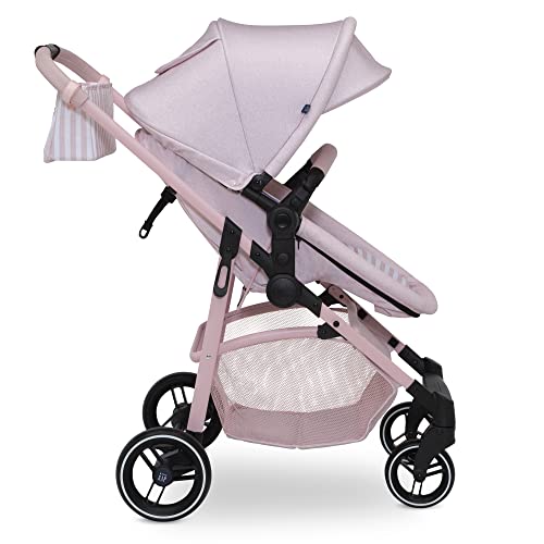 babyGap by Delta Children 2-in-1 Carriage Stroller - Greenguard Gold Certified - Car Seat Compatible, One-Handed Fold, Lightweight & Oversized Canopy - Made with Sustainable Materials, Pink Stripes