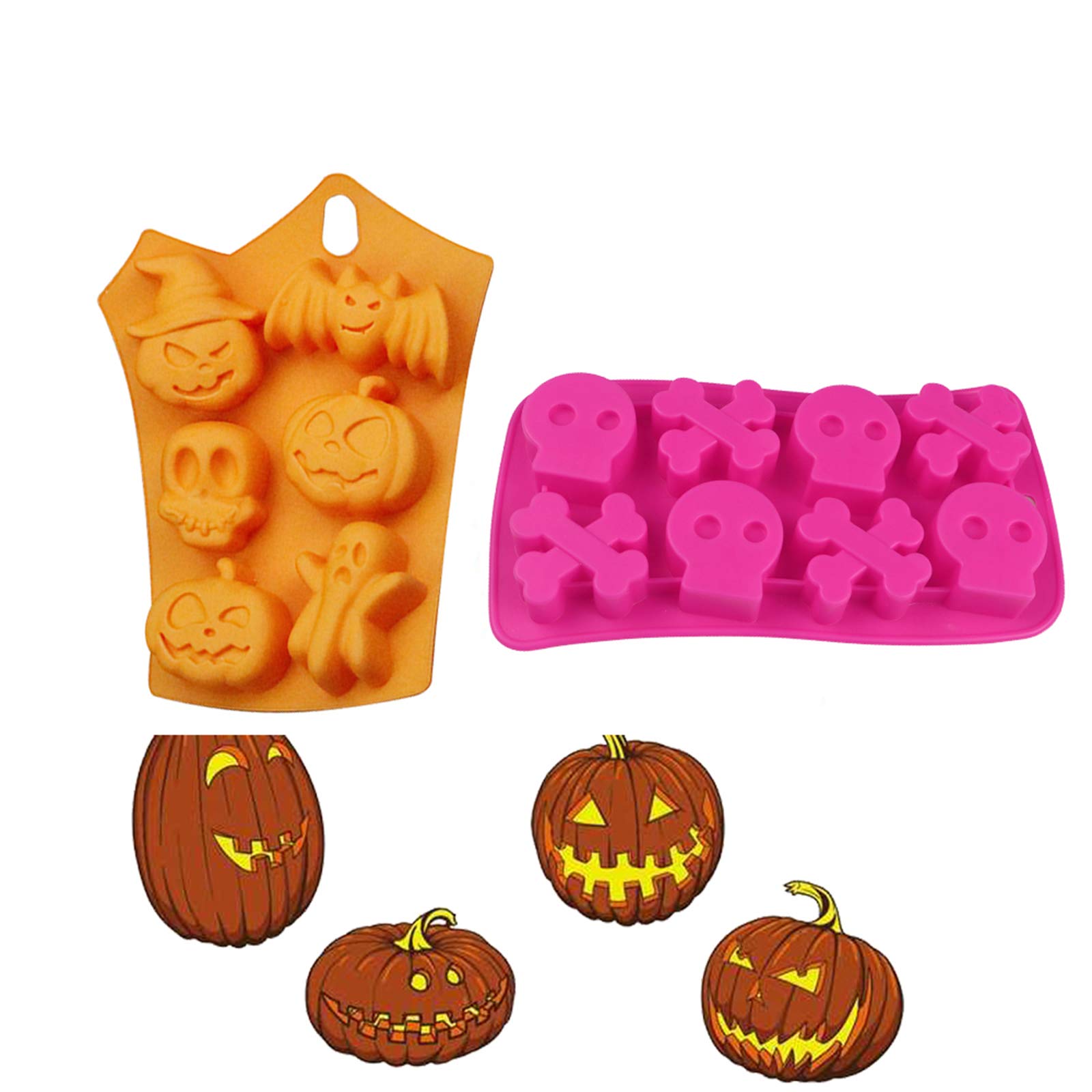 2 Pcs Halloween Silicone Baking Molds,6-Cavity Silicone Bat Pumpkin Face Skull Ghost Jelly Chocolate Mould,8-Cavity Skull Crossbones Ice Cube Trays,Candy Bread Soap Muffin Pumpkin Fondant Mold
