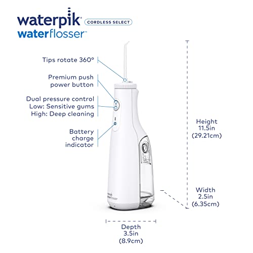 Waterpik Cordless Select Water Flosser, Portable and USB Rechargeable Waterproof Water Flosser for Home and Travel, Braces & Bridges Care for Teeth, ADA Accepted, White WF-10W10
