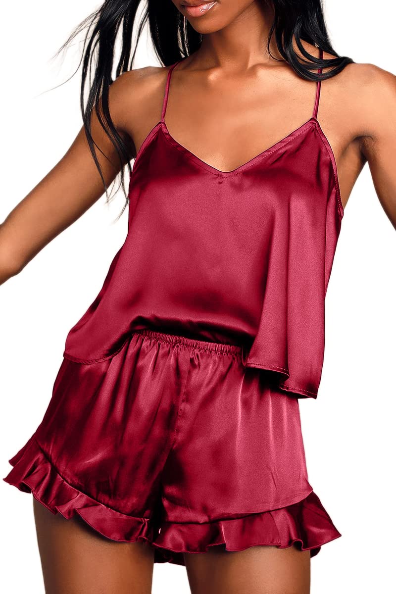 CHYRII Women's Sexy Ruffle Pajamas Sets Satin Silk Racerback Cami Shorts Sets Sleepwear Burgundy S
