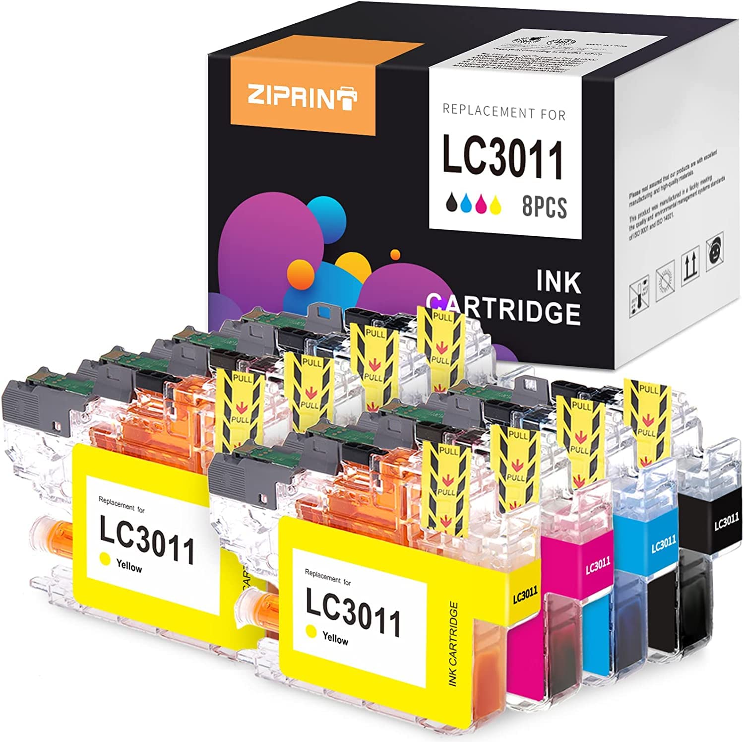 ZIPRINT LC3011 Compatible Ink Cartridge Replacement for Brother LC3011 LC-3011 LC3013 Ink Cartridge use with Brother MFC-J497DW MFC-J895DW MFC-J491DW MFC-J690DW (Black, Cyan, Magenta, Yellow, 8-Pack)