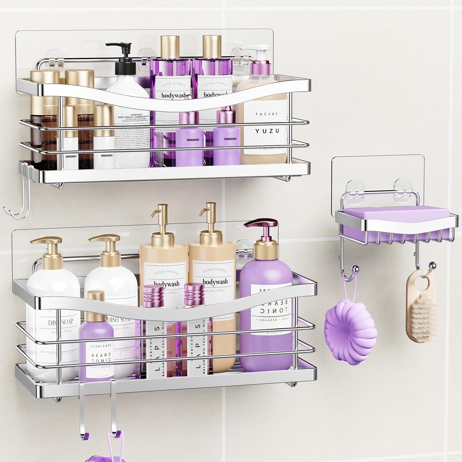ODesign Adhesive Shower Caddy No Drilling with Soap Dish 3 Tiers Stainless Steel Shower Organizer for Shampoo Conditioner Bathroom Organizer Accessories with Removable Hooks Wall Mounted - RUSTPROOF