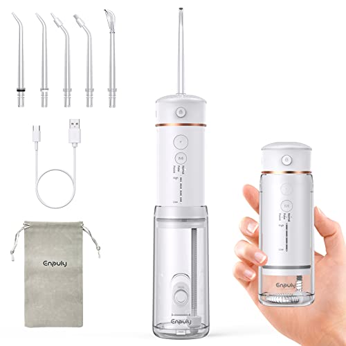 Water Flosser Cordless - ENPULY Portable Water Teeth Cleaner Pick with 3 Cleaning Modes & 5 Pressure Modes, 5 Jet Tips, IPX7 Waterproof, Rechargeable Oral Irrigator for Braces Bridges Tooth Care,White