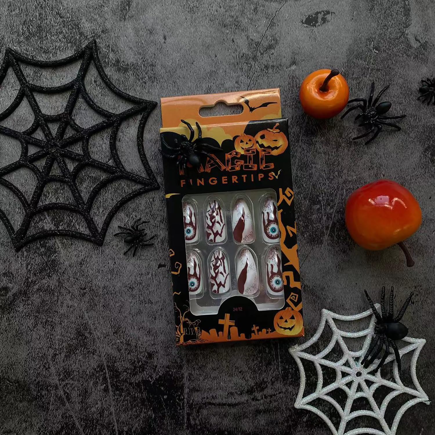 24 Pcs Halloween Press on Nails Almond White Fake Nails Blood stains and Terror Eyeballs Designs Full Cover False Nails with Glossy Stick on Nails for Women