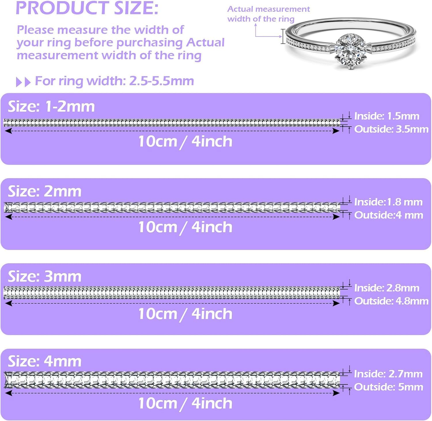 100 Pcs Ring Size Adjuster with Ring Size Measuring Tool for Loose Rings, Plug-in Invisible Ring Spiral Silicone Tightener EVA Foam Ring Size Adjuster Set with Polishing Cloth Fit Any Rings Sizes.