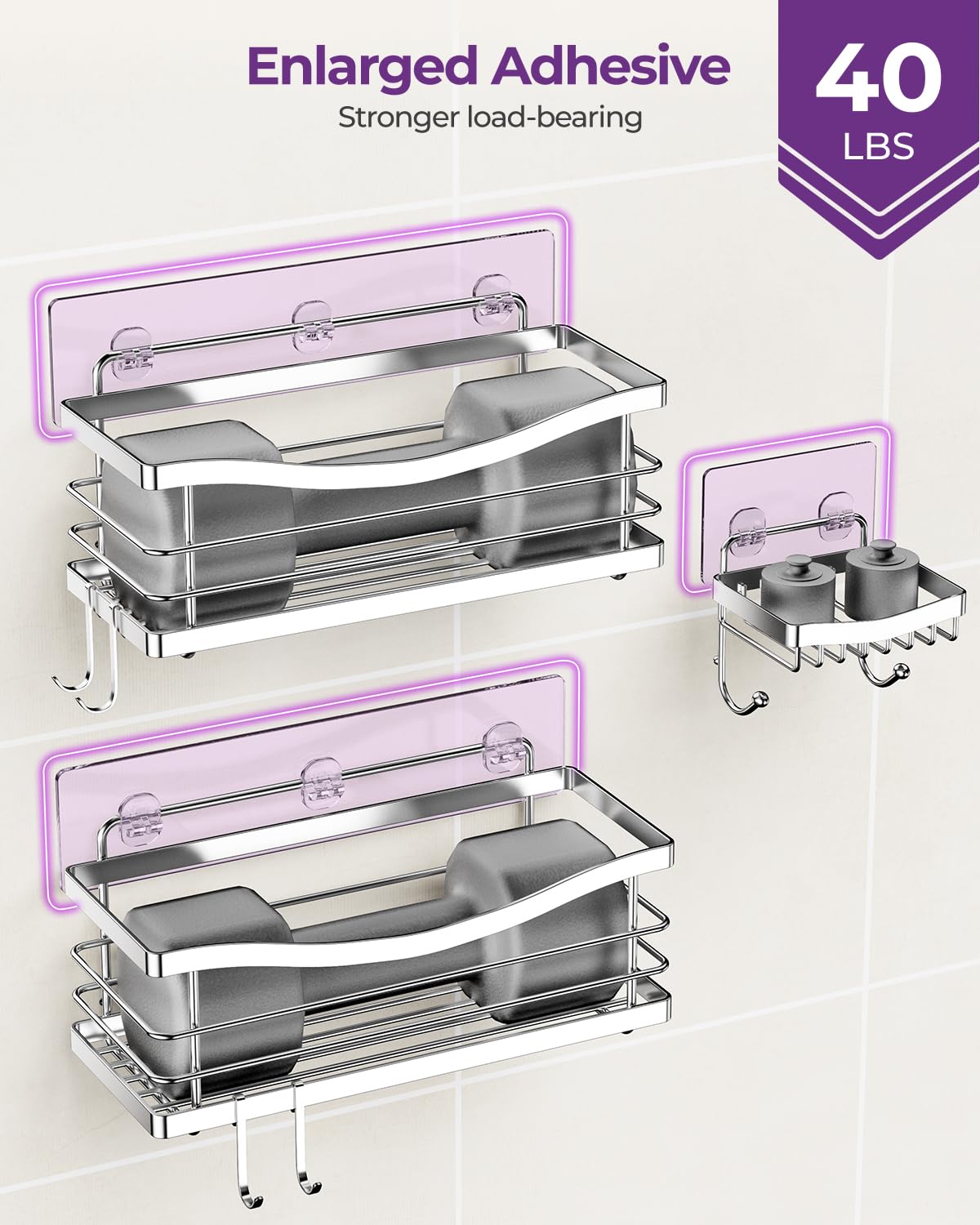 ODesign Adhesive Shower Caddy No Drilling with Soap Dish 3 Tiers Stainless Steel Shower Organizer for Shampoo Conditioner Bathroom Organizer Accessories with Removable Hooks Wall Mounted - RUSTPROOF