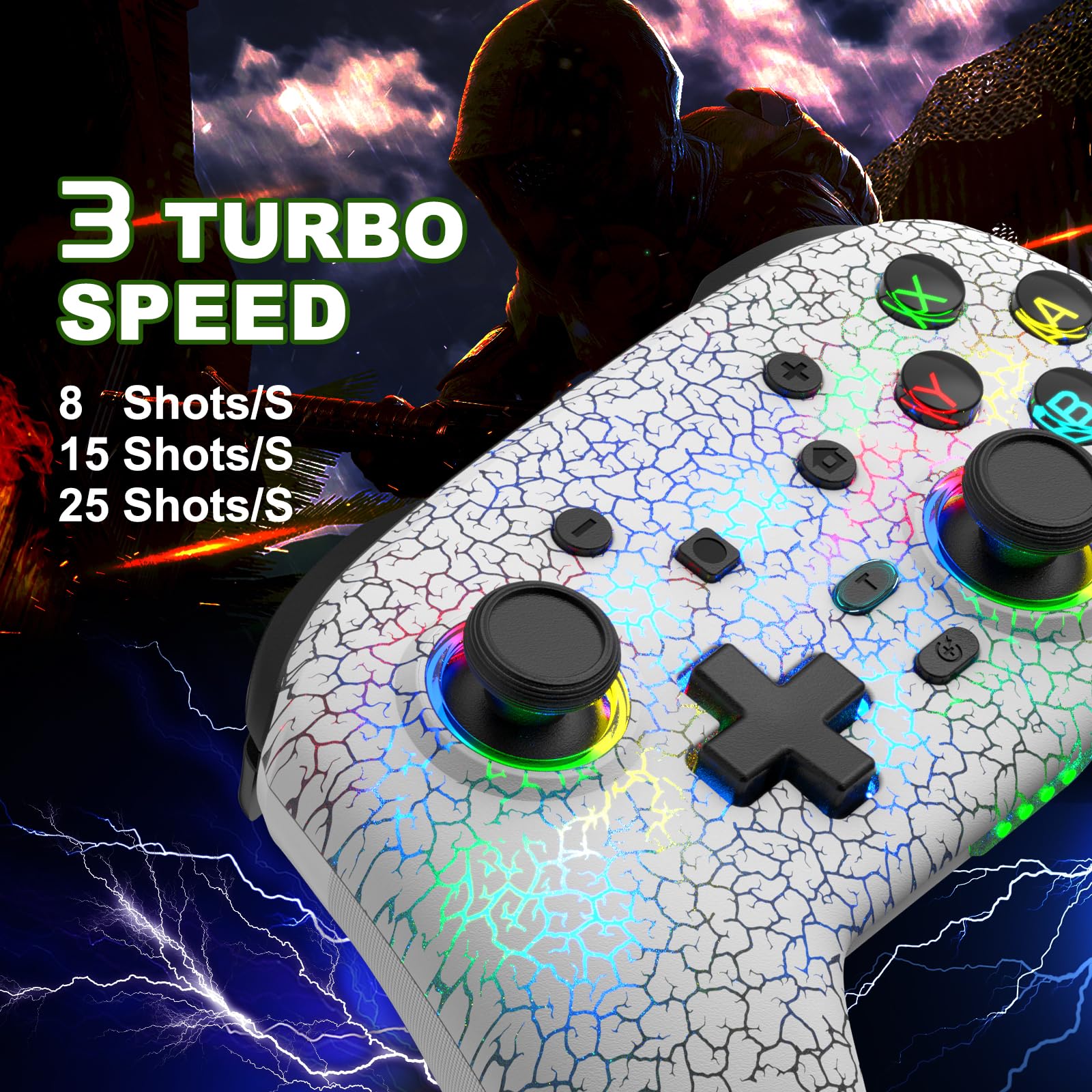 arVin Switch Controller, Wireless Switch Pro Controllers for Switch/Lite/OLED/PS4/PS3/PC/iPhone/Android Remote Gaempad Joystick with Unique Crack/9-Color RGB Light/6-Axis Gyro/Vibration/Turbo/Back Key