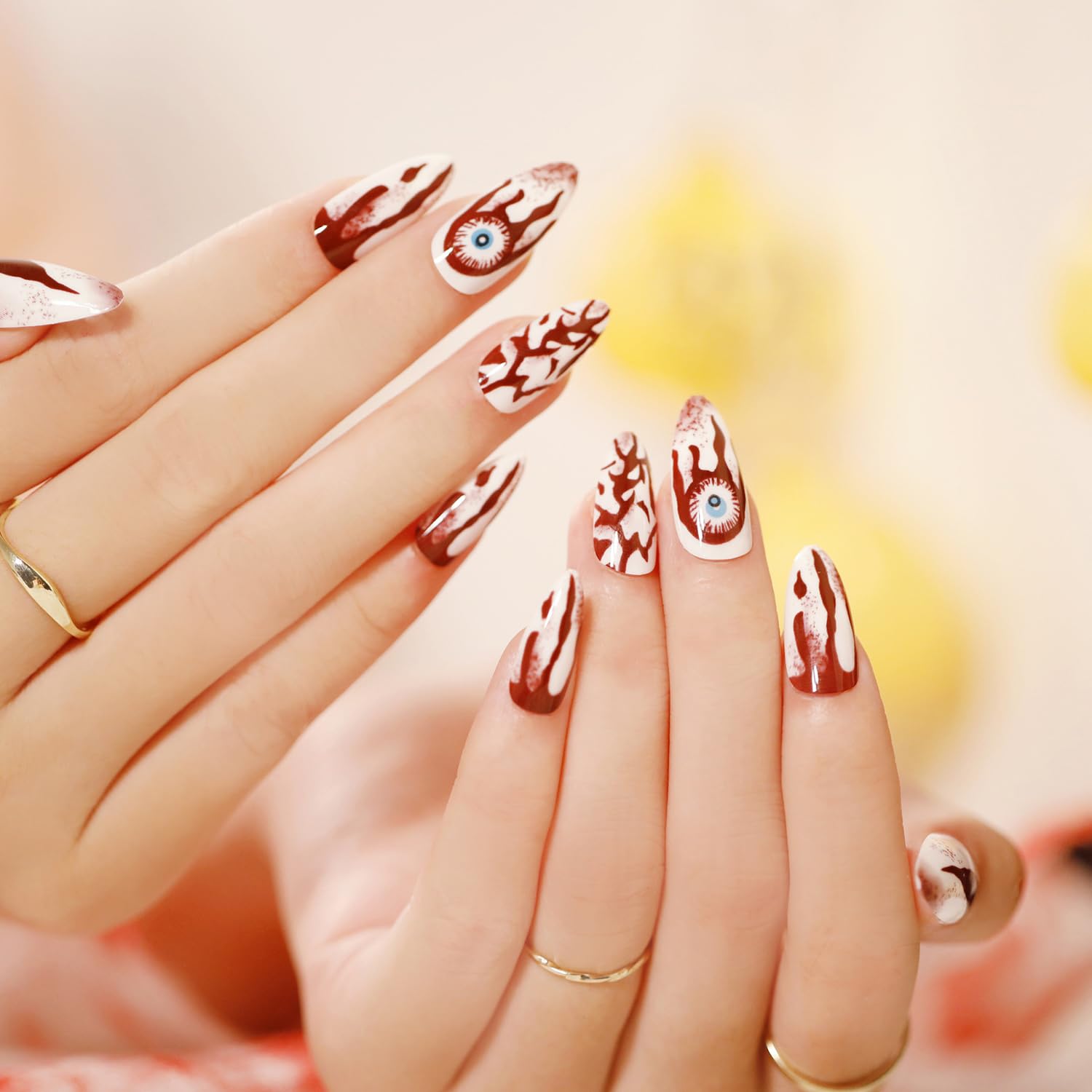 24 Pcs Halloween Press on Nails Almond White Fake Nails Blood stains and Terror Eyeballs Designs Full Cover False Nails with Glossy Stick on Nails for Women