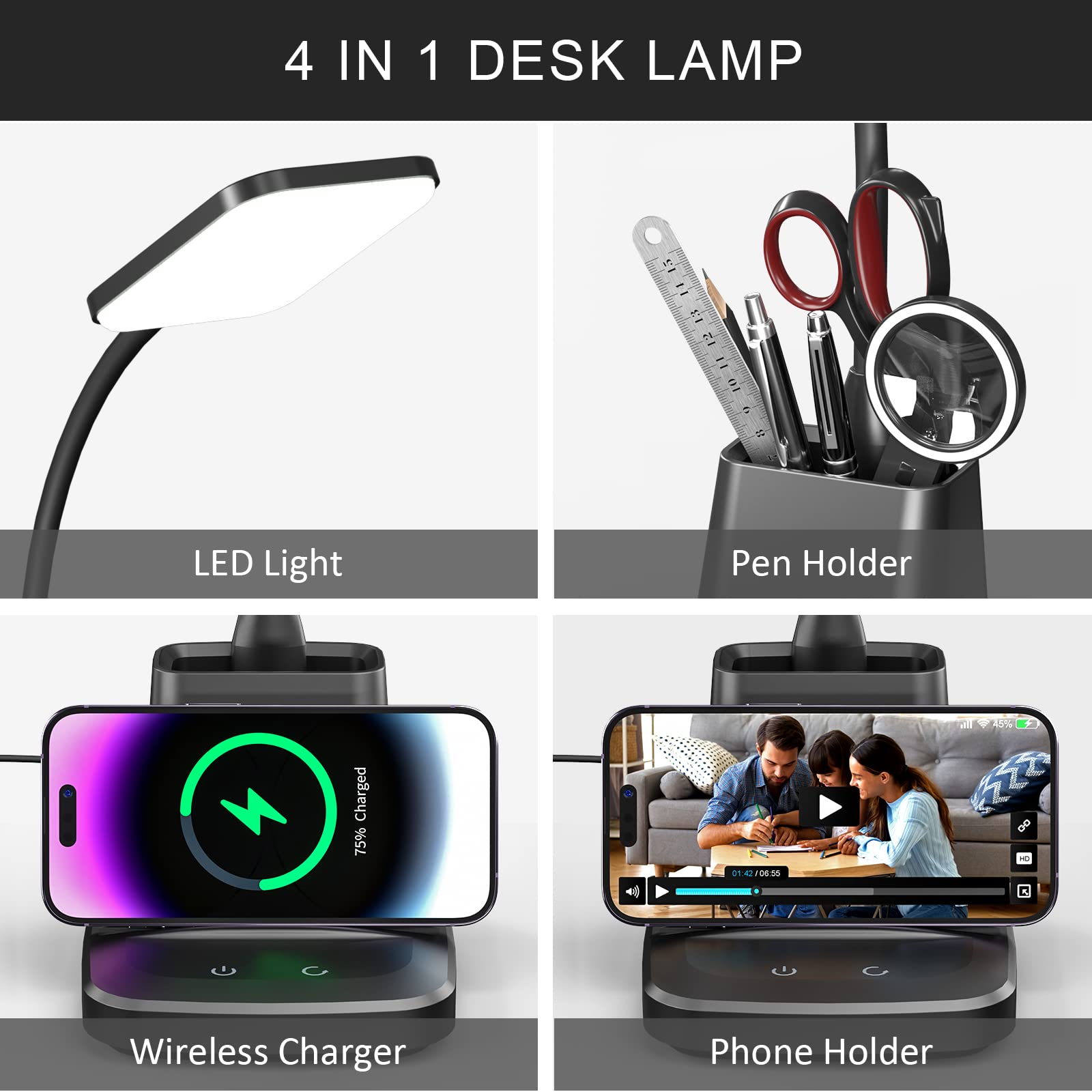 Vicsoon Desk Lamp with Wireless Charger, LED Desk Lamps for Home Office, 800 Lumens, Small Desk Lamp with Pen Holder, Flexible Arm, 3 Modes, Dimming, Touch Lamp for College Dorm Room, with Adapter