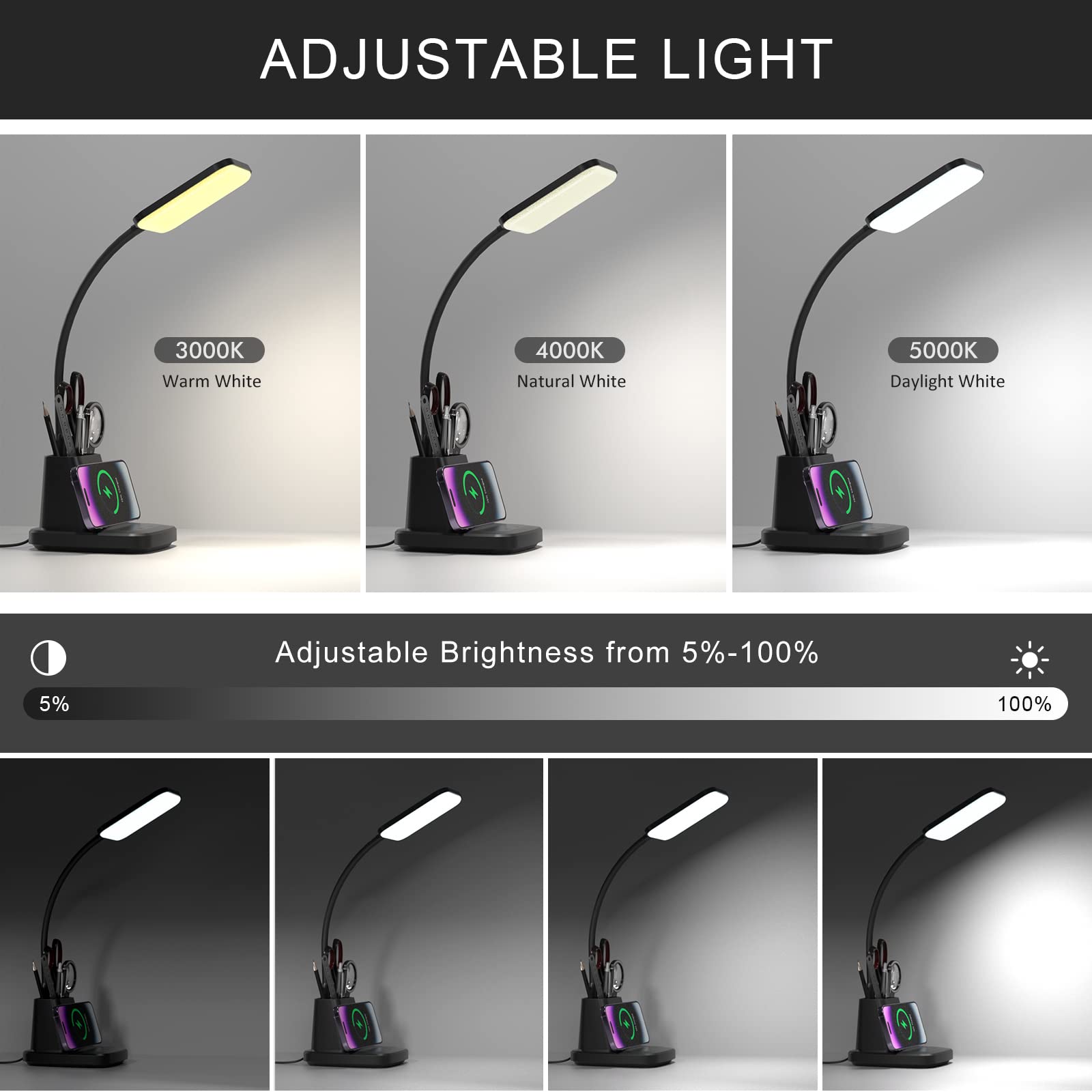 Vicsoon Desk Lamp with Wireless Charger, LED Desk Lamps for Home Office, 800 Lumens, Small Desk Lamp with Pen Holder, Flexible Arm, 3 Modes, Dimming, Touch Lamp for College Dorm Room, with Adapter