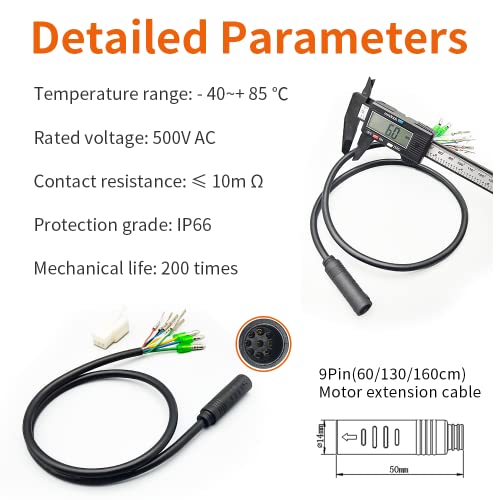Hub Motor Convert Extension Cable 9 Pin Waterproof Connector 36V 48V 52V 250W-1200W Ebike Motor Conversion Line 60cm 130cm 160cm Electric Bike Accessories (130cm Female)