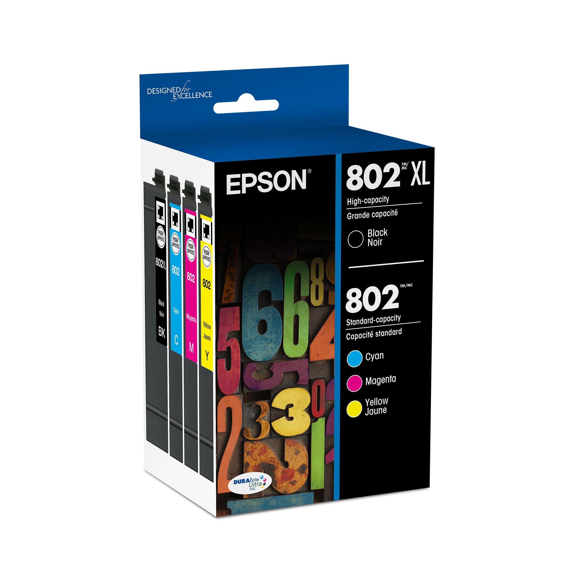 Epson T802XL-BCS DURABrite Ultra Black High Capacity and color Combo Pack Standard Capacity Cartridge Ink, Black and color combo pack