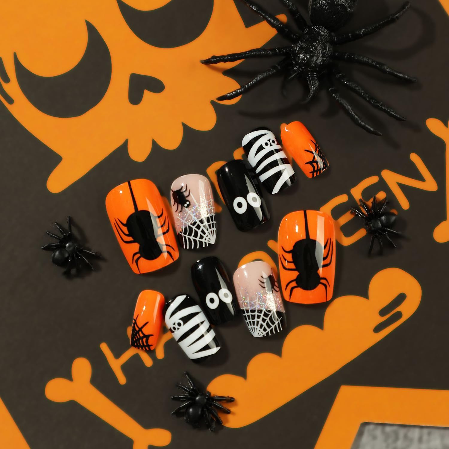 24Pcs Square Press on Nails Medium Length Halloween Fake Nails with Spider Web Design Cute Eyeballs False Nails with Glue Artificial Acrylic Nails Halloween Nail Art Stick on Nails for Women Girls