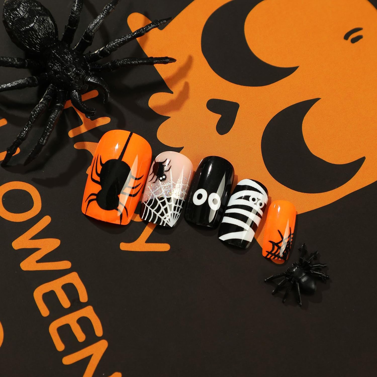 24Pcs Square Press on Nails Medium Length Halloween Fake Nails with Spider Web Design Cute Eyeballs False Nails with Glue Artificial Acrylic Nails Halloween Nail Art Stick on Nails for Women Girls