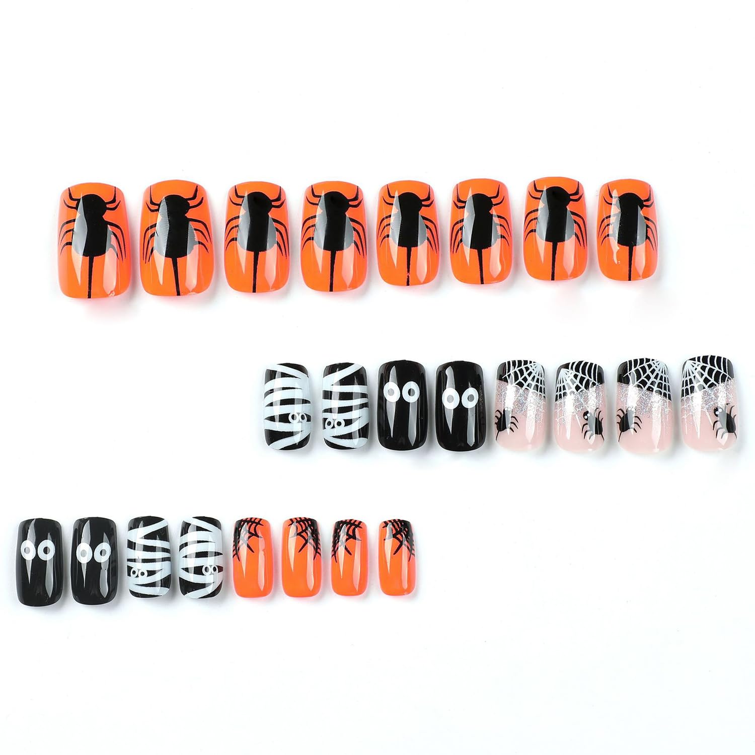 24Pcs Square Press on Nails Medium Length Halloween Fake Nails with Spider Web Design Cute Eyeballs False Nails with Glue Artificial Acrylic Nails Halloween Nail Art Stick on Nails for Women Girls