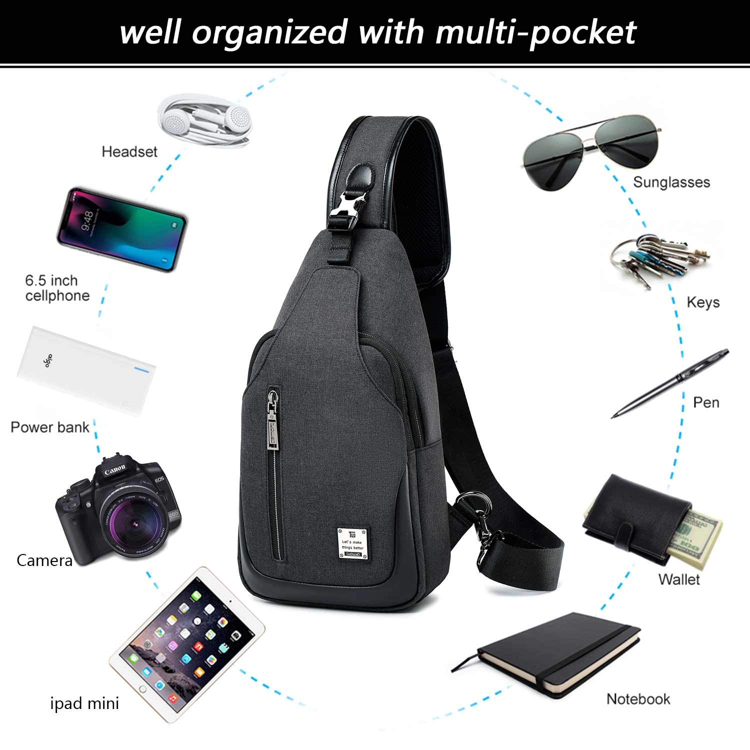 tuowan Small Sling Bag Crossbody Backpack Over the Shoulder Bag for Men Women Travel Outdoors, Lightweight Sling Purse Chest Pack (Small, Black)