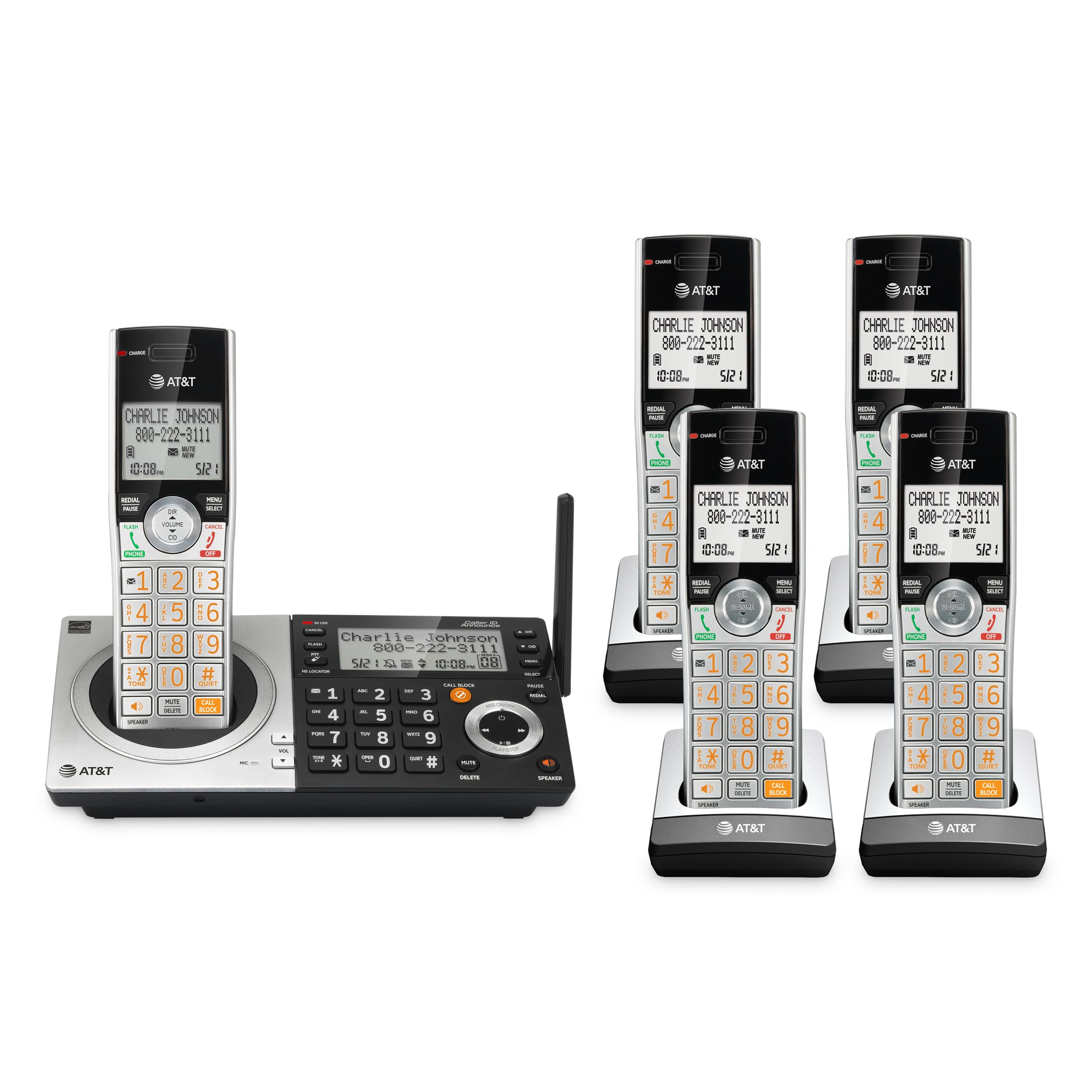 AT&T CL83507 DECT 6.0 5-Handset Cordless Phone for Home with Dual Keypad Base, Answering Machine, Call Blocking, Caller ID Announcer, Intercom and Long Range, Silver/Black