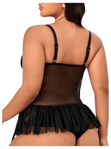 Milumia Women's Plus Size 4 Piece Floral Lace Ruffle Hem Underwire Babydoll Lingerie Sets Black 4X-Large Plus