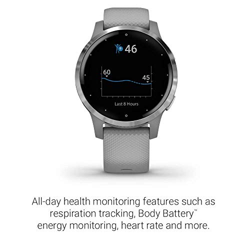 Garmin vivoactive 4S, Smaller-Sized GPS Smartwatch, Features Music, Body Energy Monitoring, Animated Workouts, Pulse Ox Sensors and More, Silver with Gray Band (Renewed)