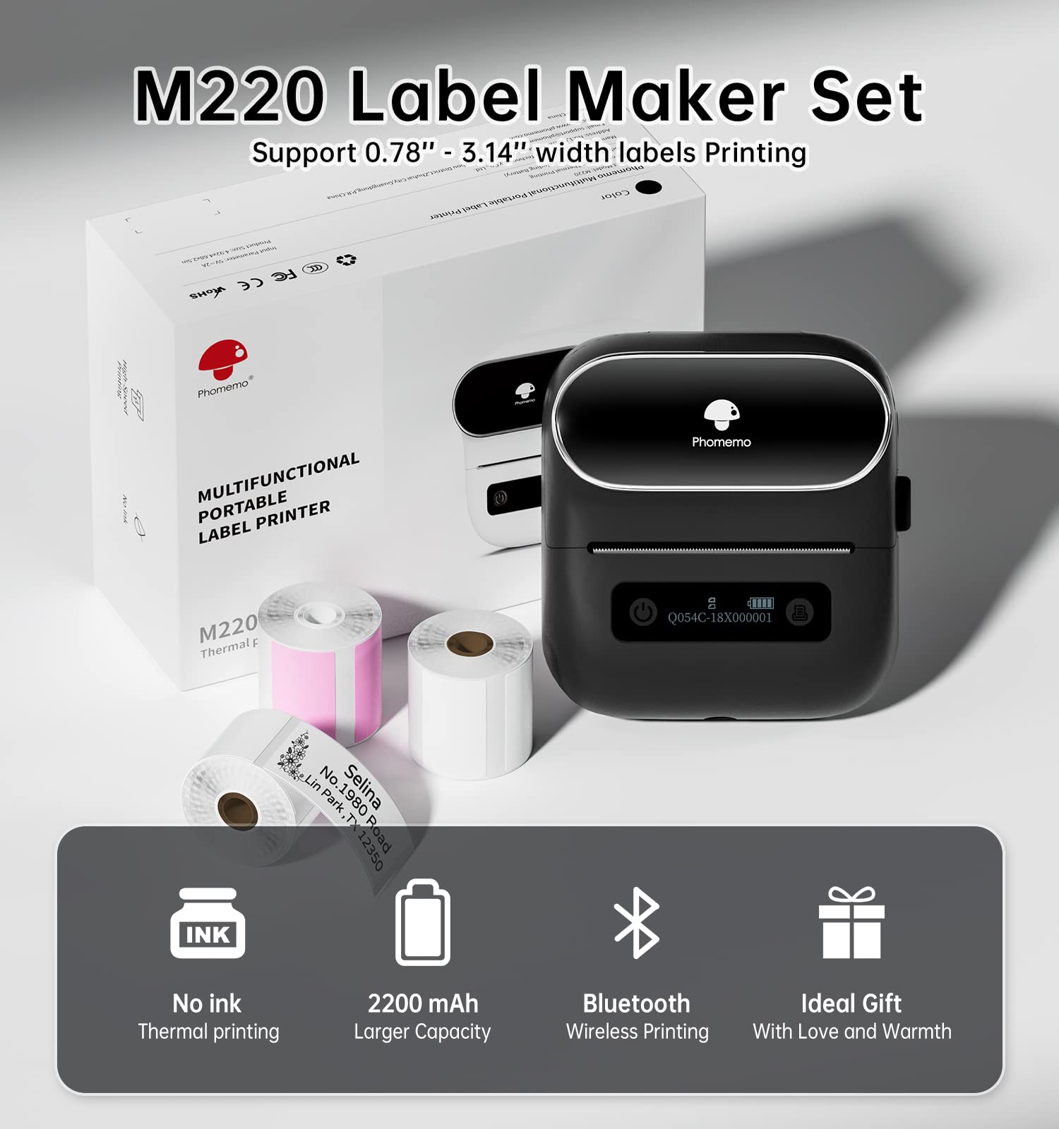Phomemo M220 Label Maker,3.14 Inch Barcode Label Printer,Portable Thermal Printer,Bluetooth Label Maker with Tape (Address Label,Pink Label, White Label) for Mailing,Name,Home,Office,School