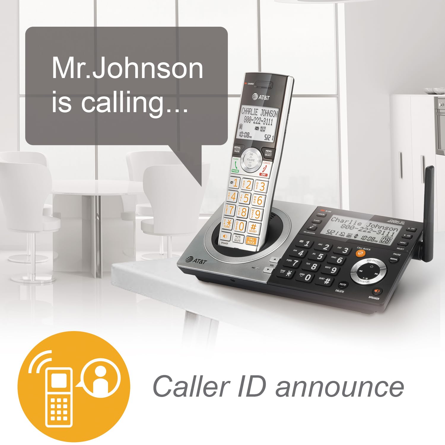 AT&T CL83507 DECT 6.0 5-Handset Cordless Phone for Home with Dual Keypad Base, Answering Machine, Call Blocking, Caller ID Announcer, Intercom and Long Range, Silver/Black