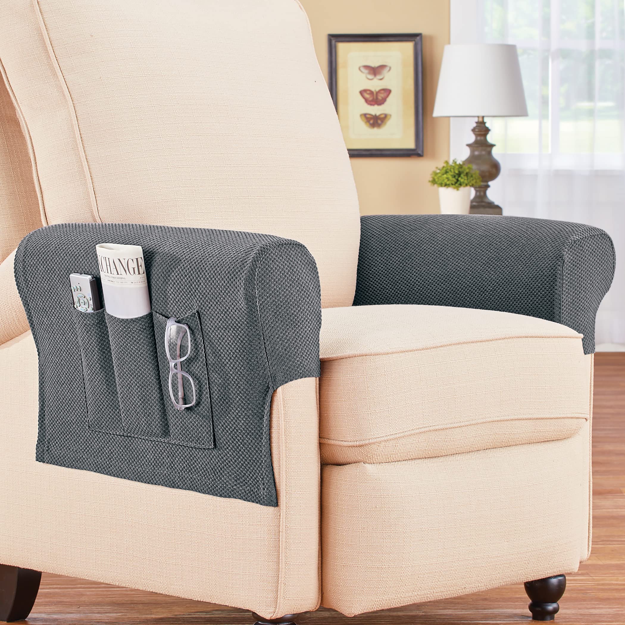 Collections Etc Stretch Armrest Covers with Pockets - Set of 2