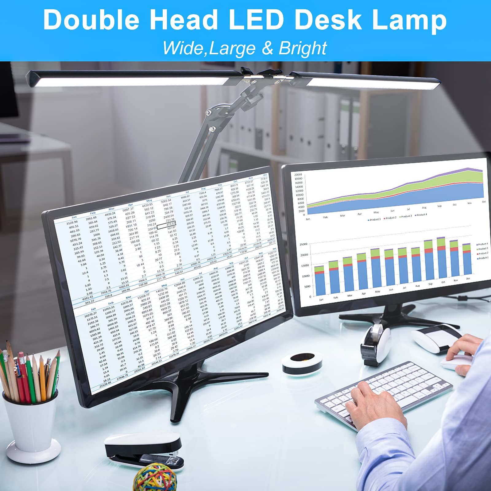 Double Head LED Desk Lamp, Swing Arm Desk Light with Clamp & Adapter, Architect LED Desk Lamps, Eye-Caring Table Lamp with 3 Color Modes & 10 Brightness Levels, Adjustable Desk Lamp for Home or Office