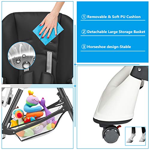 INFANS High Chair with One-Hand Removable Tray, 4 Lockable Wheels & Large Storage Basket - Multi-Adjustable Height, Recline & Footrest, Removable Cushion, Foldable for Baby, Infant& Toddler, Grey