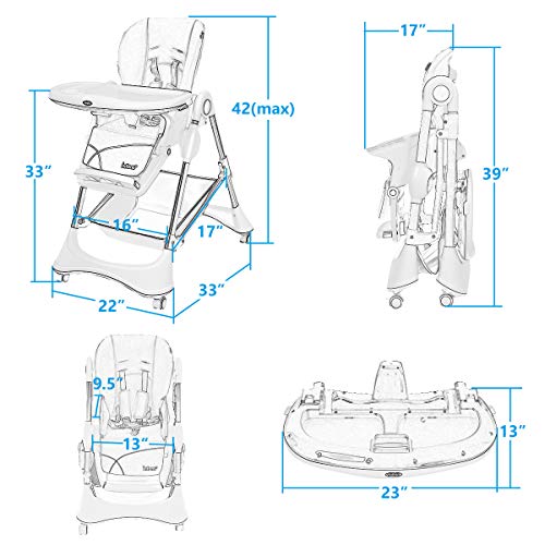 INFANS High Chair with One-Hand Removable Tray, 4 Lockable Wheels & Large Storage Basket - Multi-Adjustable Height, Recline & Footrest, Removable Cushion, Foldable for Baby, Infant& Toddler, Grey
