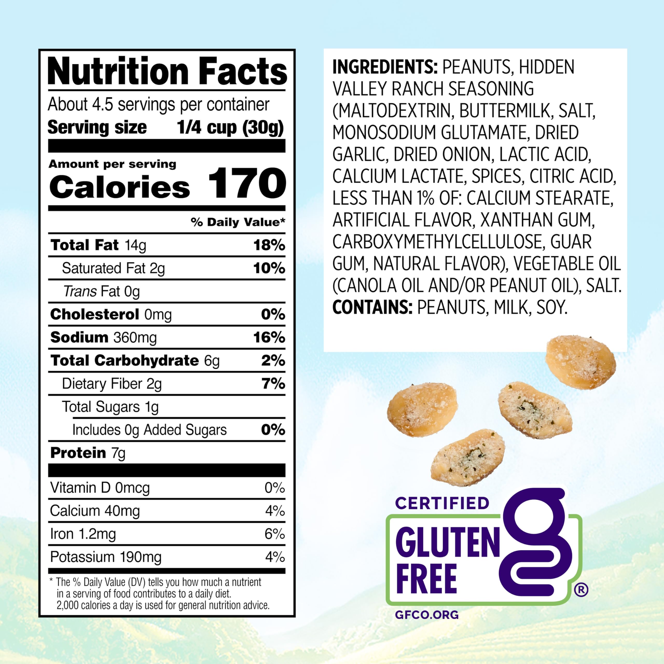 Snak Club Peanuts with Hidden Valley Ranch Seasoning, Roasted Nuts, Gluten-Free and Kosher Snack, 4.5 oz Resealable Bags, 6 Pack