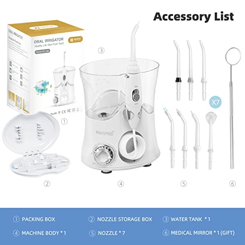 ROSPEC Dental Water Flosser with 7 Multifunctional Tips &a Oral cavity mirror,600ML Detachable Water Tank,10 Adjustable Pressure,For Adults & Kids β Waterproof,Electric Dental Pick Flosser (white)