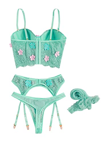 WDIRARA Women's Floral Lace Embroidered Push Up Garter Lingerie Set with Stockings Green M