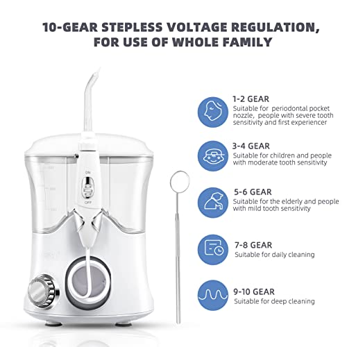 ROSPEC Dental Water Flosser with 7 Multifunctional Tips &a Oral cavity mirror,600ML Detachable Water Tank,10 Adjustable Pressure,For Adults & Kids β Waterproof,Electric Dental Pick Flosser (white)