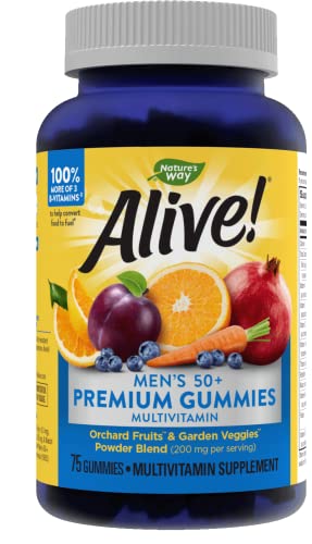 Natureās Way Alive! Menās 50+ Premium Gummies, 15 Vitamins and Minerals, Grape, Orange and Cherry Flavored Gummies, 75 Gummies