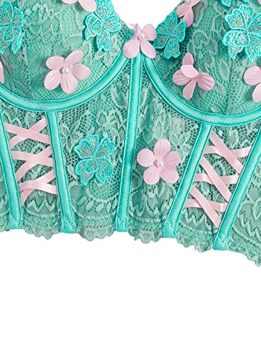 WDIRARA Women's Floral Lace Embroidered Push Up Garter Lingerie Set with Stockings Green M