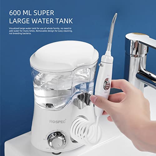 ROSPEC Dental Water Flosser with 7 Multifunctional Tips &a Oral cavity mirror,600ML Detachable Water Tank,10 Adjustable Pressure,For Adults & Kids β Waterproof,Electric Dental Pick Flosser (white)