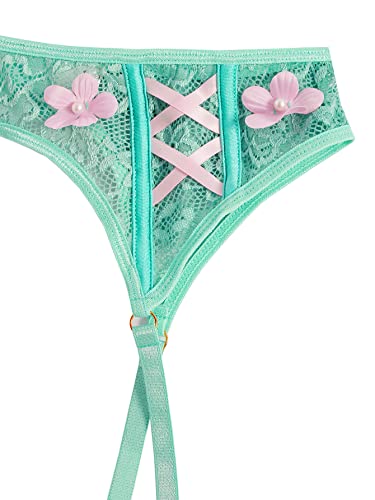 WDIRARA Women's Floral Lace Embroidered Push Up Garter Lingerie Set with Stockings Green M